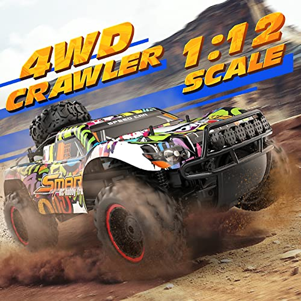 O WOWZON 1:12 Scale Short-Course RC Truck Large 4WD Hobby Crawler Grade Replaceable Spare Tire All Terrains Monster Crawler 2 Rechargeable Batteries for Age 6+ Boys Kids and Adults