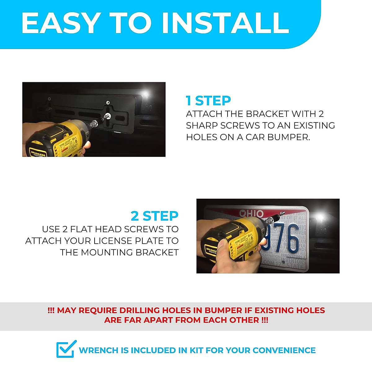 TN TrunkNets Inc Front Bumper License Plate Mount Tag Bracket for Ford + 6 Secure Screws & Wrench Kit New