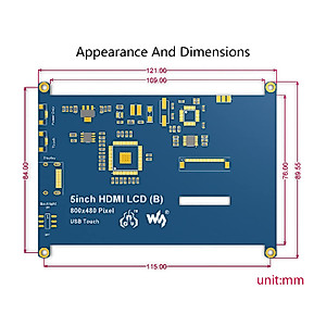 waveshare 5inch HDMI LCD Resistive Touch Screen LCD (B), 800x480 Resolution, Support All Versions of Raspberry Pi,Windows 10/8.1/8/7, BB Black, as Well as General Desktop Computers