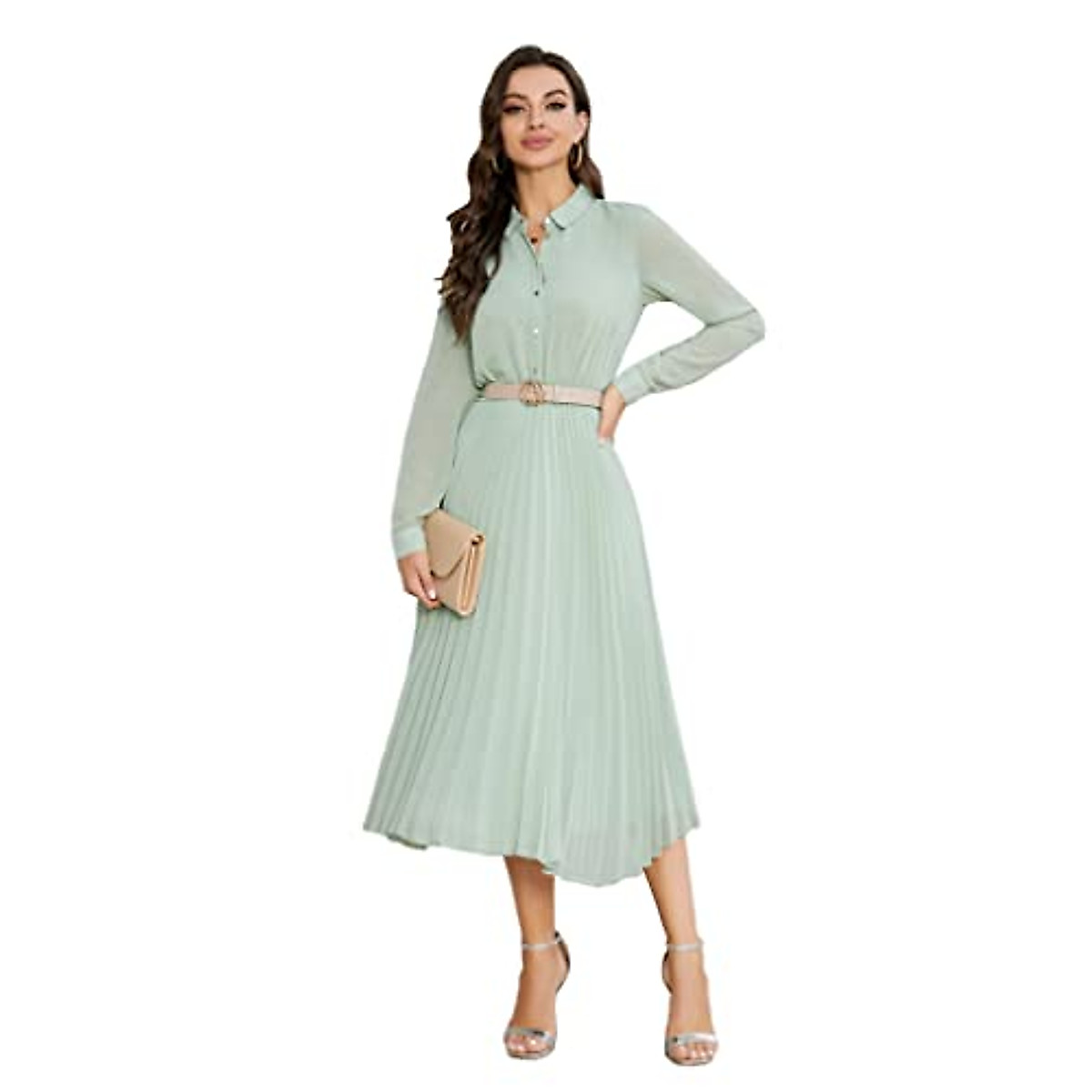 AbleTree Business Casual Shirt Dress for Women Long Sleeves Pleated Midi Dresses with Belt Mint Green
