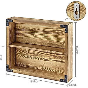 MyGift Wall Mounted Solid Burnt Brown Wood 2 Tier Display Shelf, Collectible Figurines and Memorabilia Collection Storage Shadow Box with Black Metal Bracket Accent