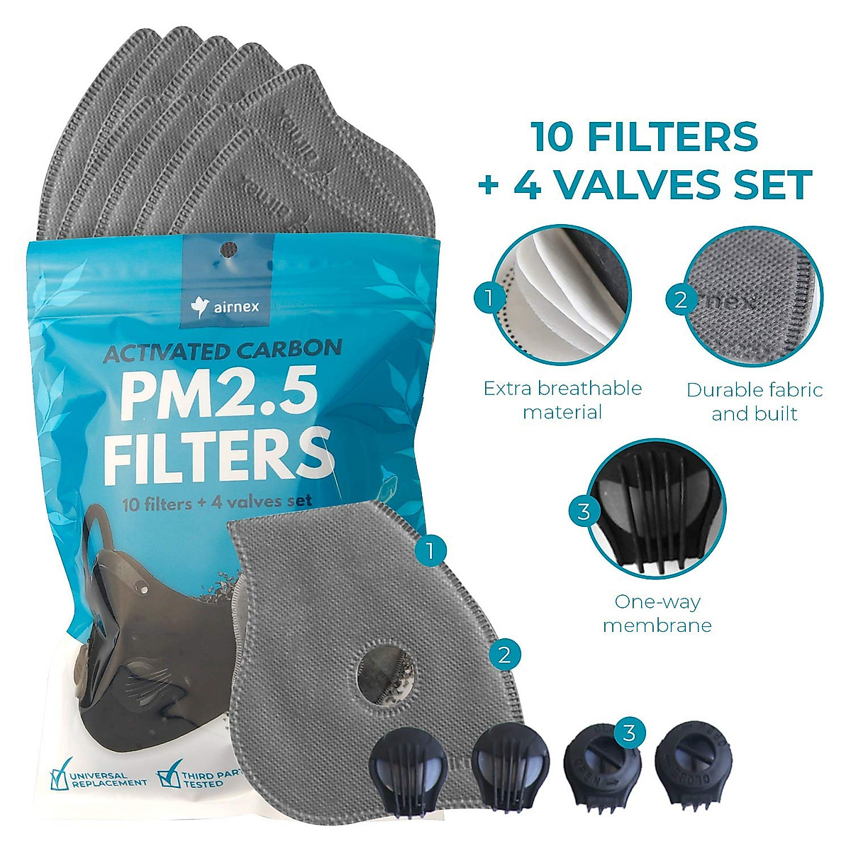AIRNEX Set of 10 Activated Carbon PM2.5 Filters and 4 Exhaust Valves Replacement fit Most Dust and Pollution Masks in The Market