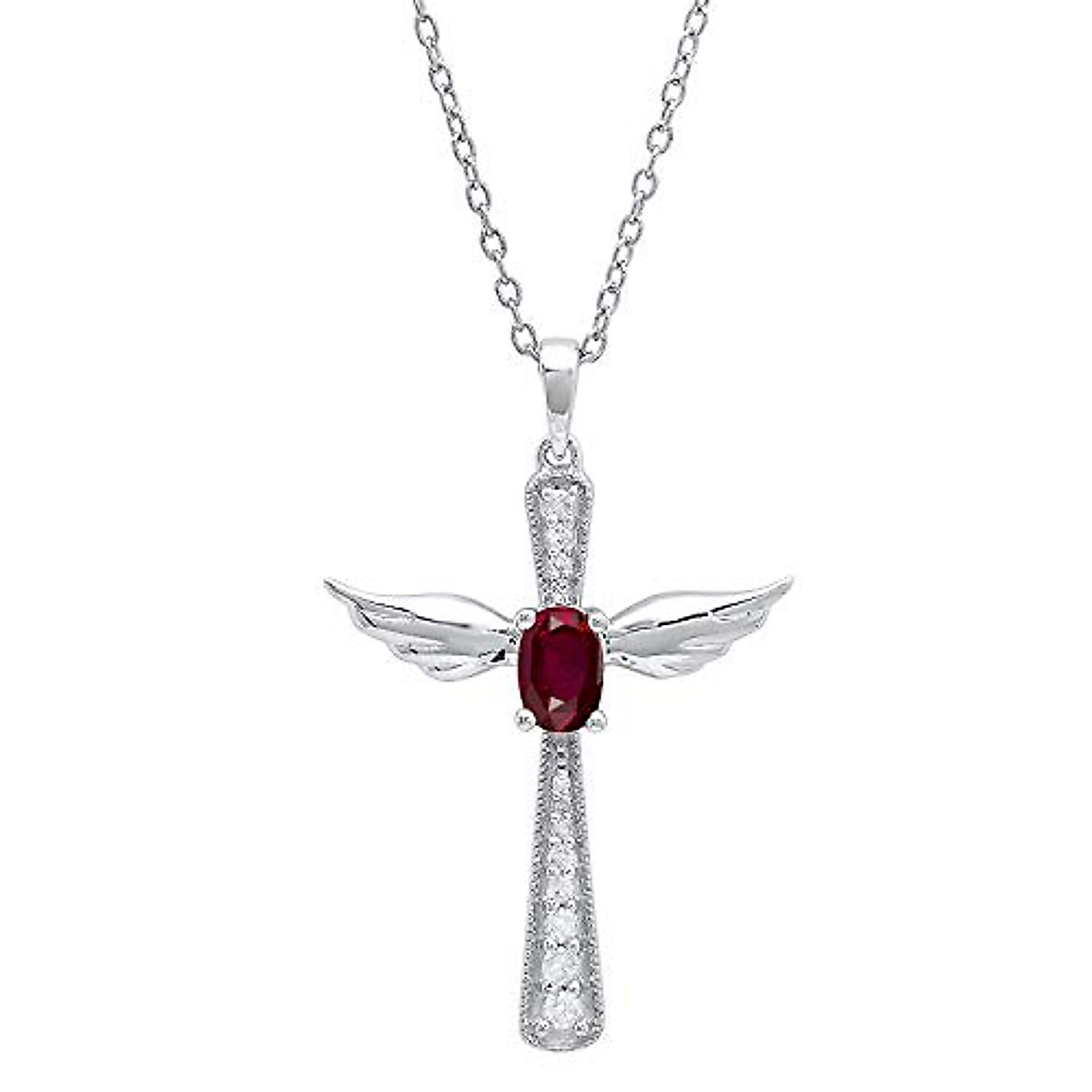 Dazzlingrock Collection 6X4 MM Oval Ruby & Round Diamond Angel Cross Pendant, Sterling Silver