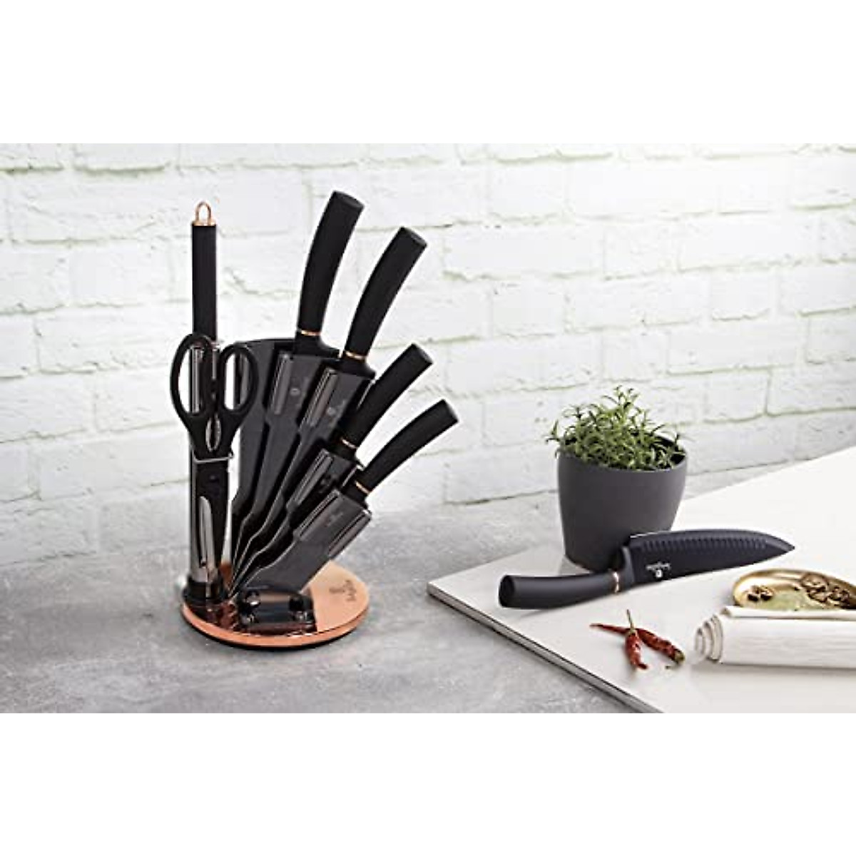 Berlinger Haus Kitchen Knife Set with Block, 8 Piece Knives Set for Kitchen, Cooking Knives with Kitchen Shears and Sharpener, Sharp Cutting Stainless Steel Chef Knife Set with Acrylic Stand, Black