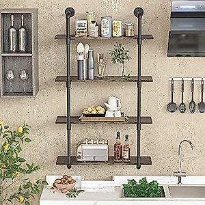 Gezen Industrial Pipe Shelving Metal Floating Shelves, Rustic Wood Ladder Bookshelf Wall Mounted Shelf Storage Bookcase for Living Room, Kitchen, Bathroom (4 Tier)