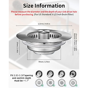 RLQXG 3 in 1 Kitchen Sink Drain Strainer [304 Stainless Steel Pop Up] Anti-Clogging Kitchen Sink Drain Stopper Stainless Steel Efficiently Drainage Odor Filter Sink Plug for Us Standard 3-1/2 Inch