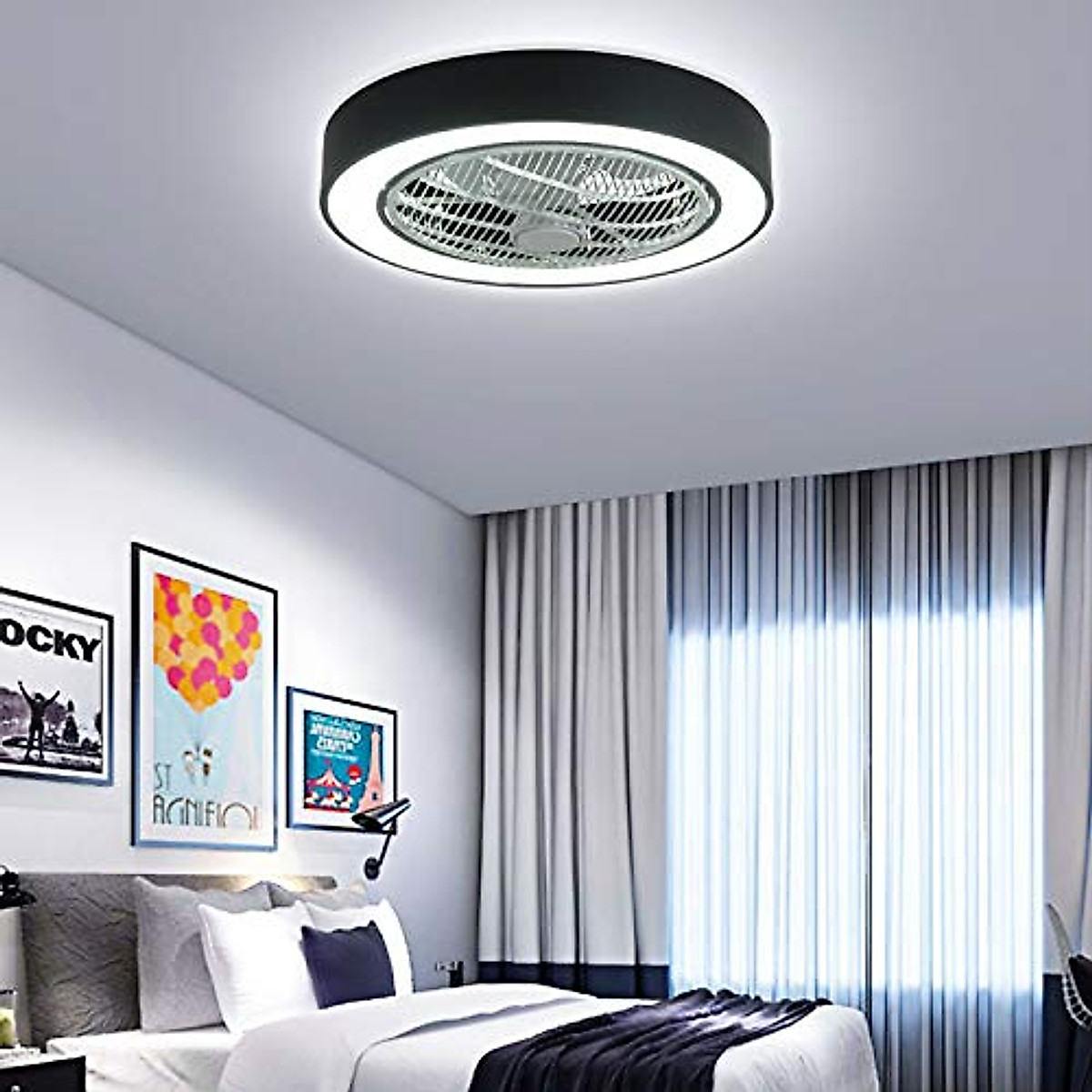 YIYIBYUS 23.5 Inch Modern Black Chandelier Ceiling Fan LED 3 Colors 3 Speeds Ceiling Fan with Light and Remote Control Mute Suitable for Living Room, Bedroom, Dining Room
