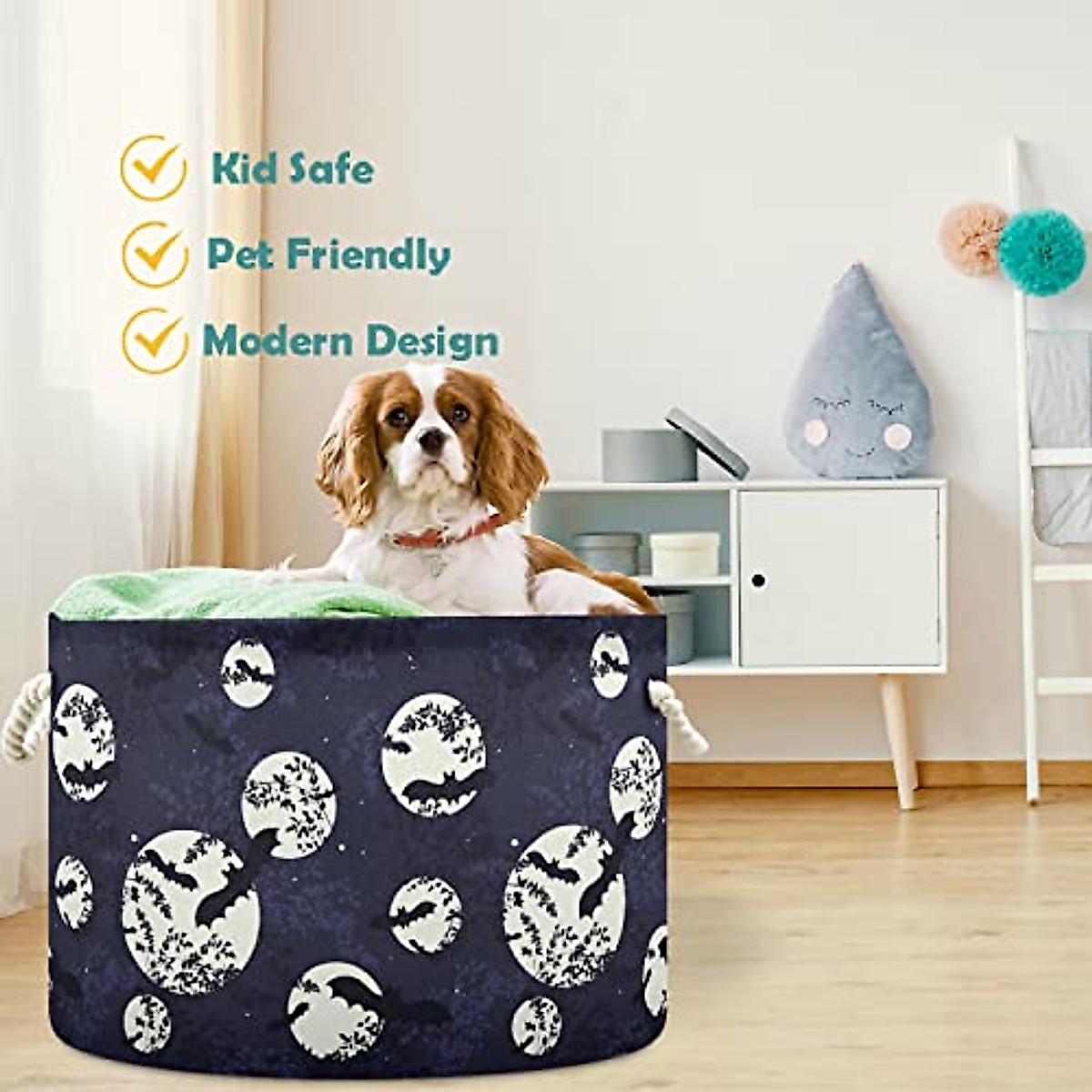 visesunny Halloween with Moon Night Sky Bat Laundry Baskets Fabric Storage Bin Storage Box Collapsible Storage Basket Toy Clothes Shelves Basket for Bathroom,Bedroom,Nursery,Closet,Office