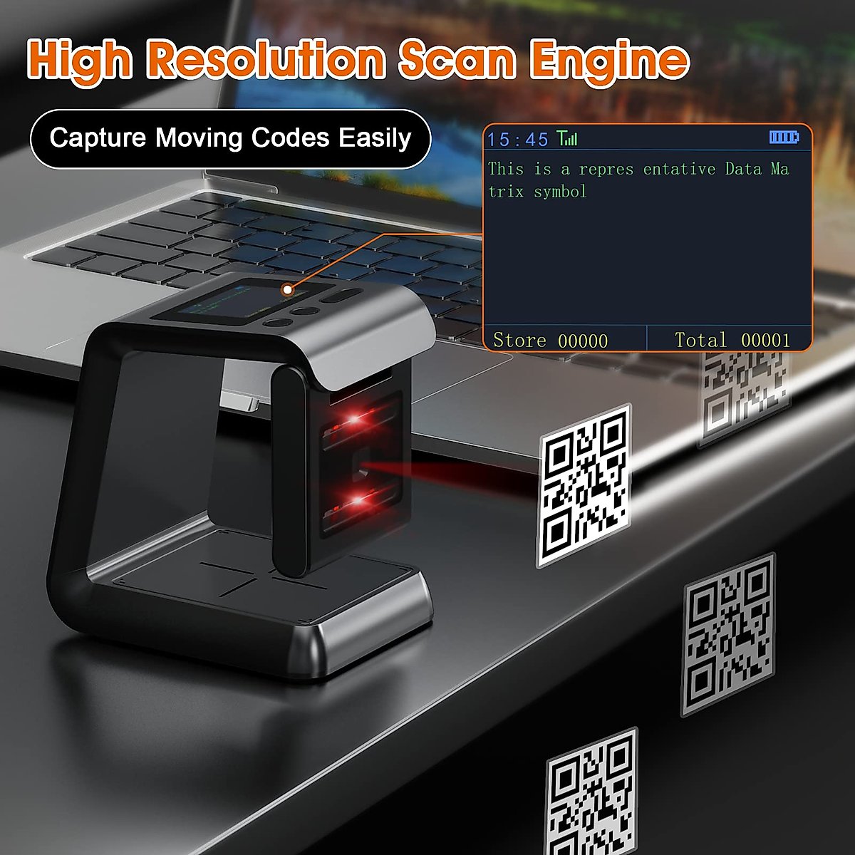 Alacrity 2D QR Wireless Hands-Free Omnidirectional Desktop Barcode Scanner, with Screen Display and Large Capacity Batteries, Compatible with Bluetooth & 2.4GHz Wireless, for Airport, Supermarket