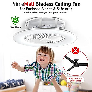 PrimeMall Bladeless Ceiling Fan with Light and Remote Control Low Profile Ceiling Fan 22" Modern Enclosed Multi-Speed Indoor Ceiling Fan 3 Color Temperatures Smart LED Dimmable Lighting Flush Mount