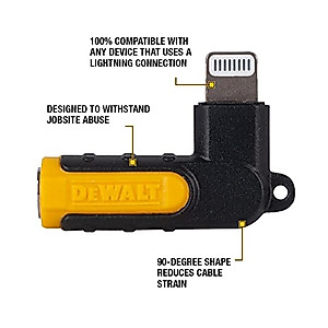 DEWALT 3.5mm to Lightning Adapter — 90-Degree Lightning Female to 3.5mm Male Headphone Jack Adapter for iPhone — Compatible Apple Lightning to 3.5mm Headphone Jack Adapter