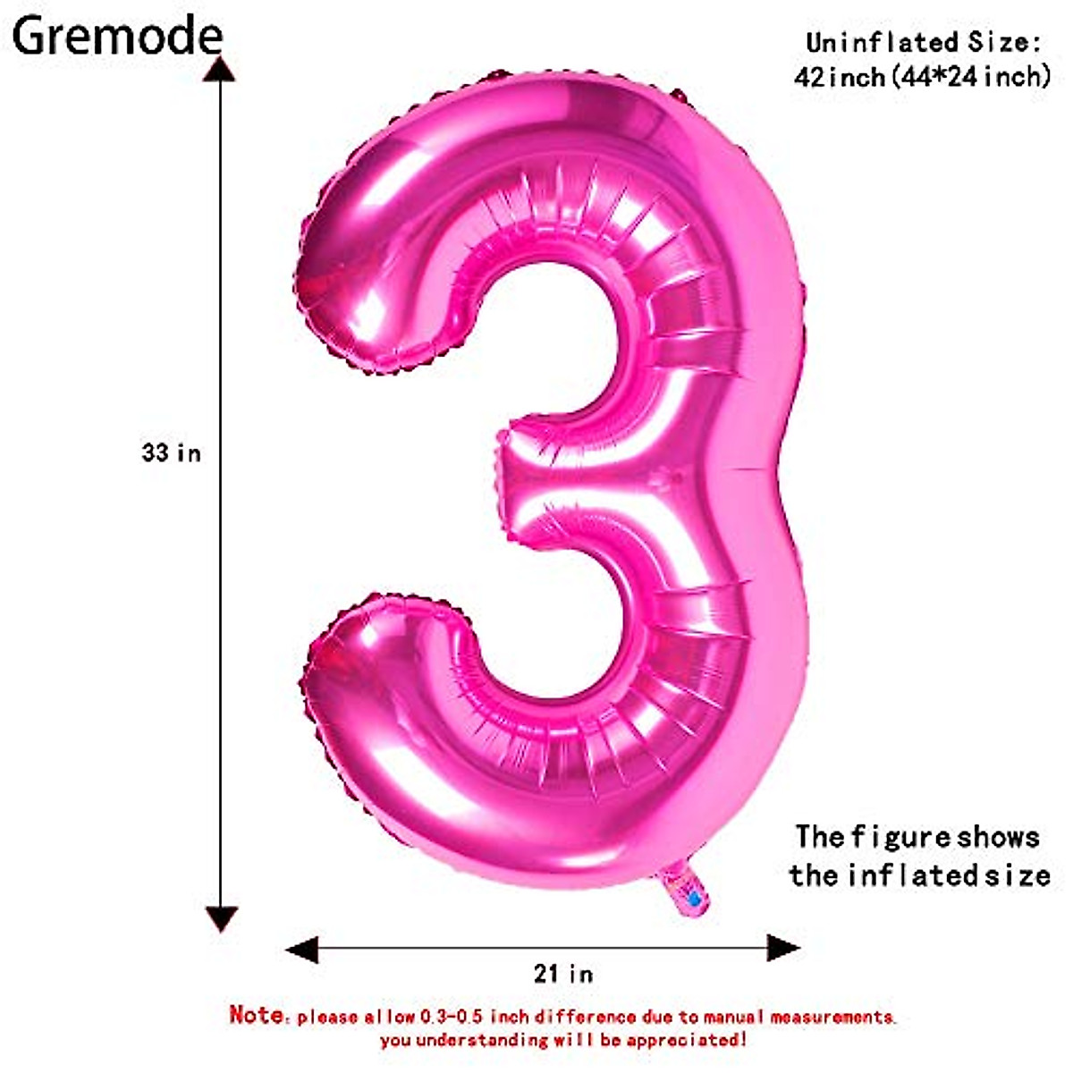 Pink 3 Balloons,40 Inch Birthday Foil Balloon Party Decorations Supplies Helium Mylar Digital Balloons (Pink Number 3)