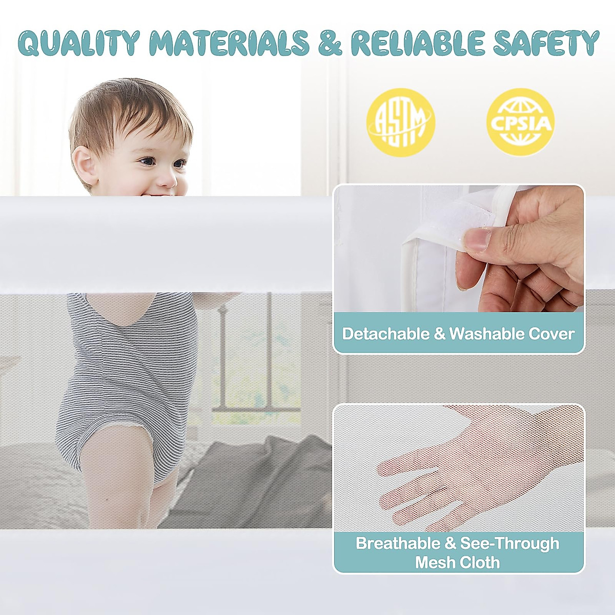 BABY JOY Double Sided Bed Rail Guard, 2 Pack, Extra Long, Swing Down for Convertible Crib, Folding Baby Safety Bedrail for Kids Twin Full Size Queen King Mattress, Rails for Toddlers (White, 60-Inch)