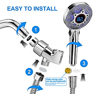 LED Shower Head with Handheld, Color Changing, Shower Head High Pressure with Water Temperature Display, Water Saving Spray Showerheads with 59" Hose and Shower Bracket for Low Water Pressure, Chrome