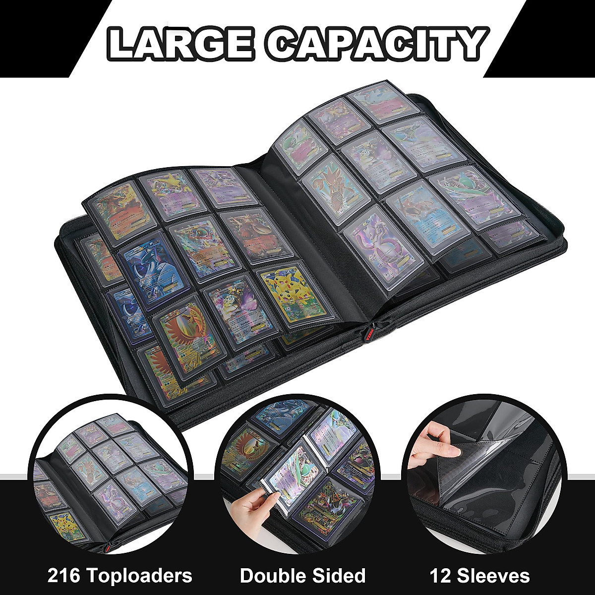 PREZA Toploader Binder - Holds 216 Top Loaders - 9 Pocket Trading Card Storage with Double Sided Sleeves for TGC and Sports 3" x 4" Top Loaded Trading Cards (Black)