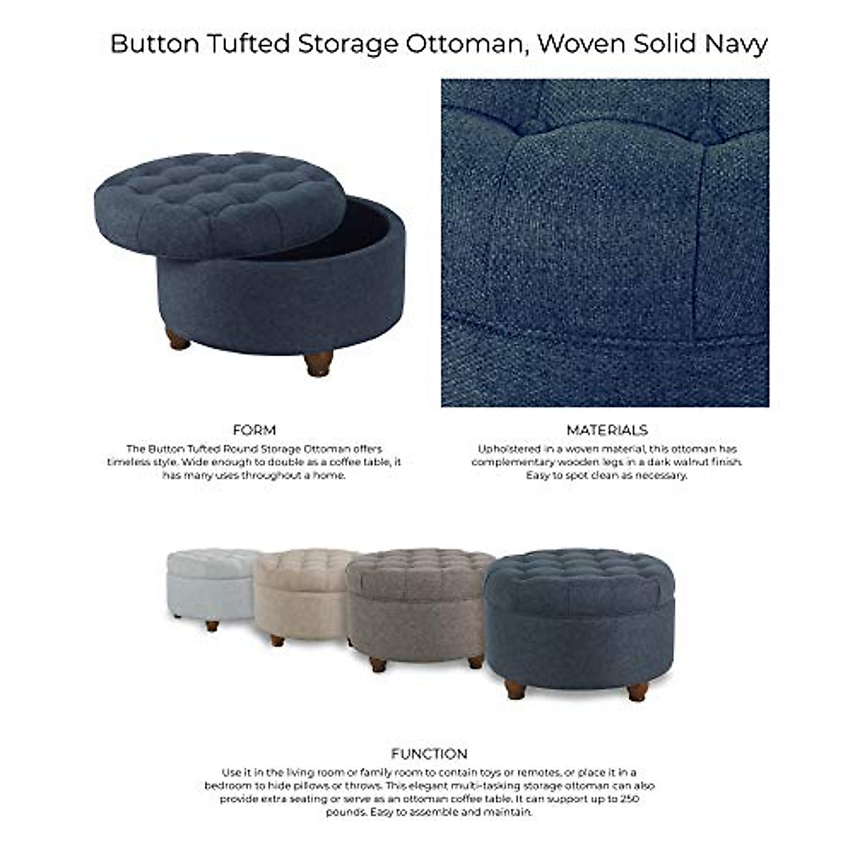 Homepop Home Decor | Large Button Tufted Woven Round Storage Ottoman | Ottoman with Storage for Living Room & Bedroom (Navy Woven) 25 inch D x 25 inch W x 15 inch H
