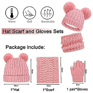 Enwokran Kids Winter Knit Beanie Hat Scarf and Touchscreen Gloves Set,Fleece Lining Beanie Hat with Cute Pom Knit Gloves Neck Warmer for Girls Boys 2-8 Years Old (Deep Pink2)