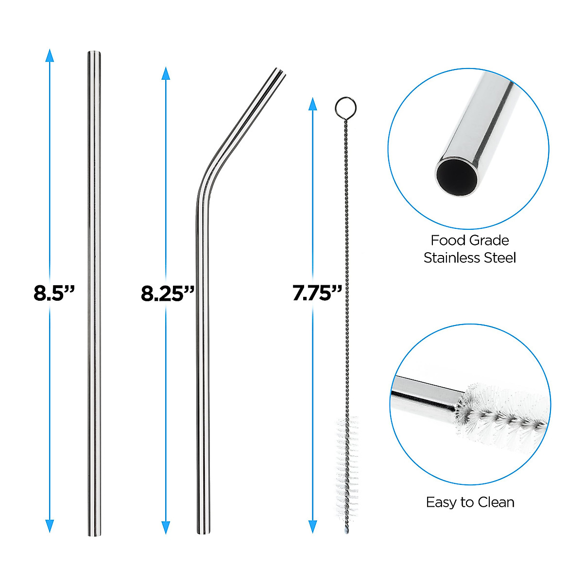 MMORP-GEAR Stainless Steel Straws with Silicone Tips - Reusable Straw Set with 4 Straight Metal Straws, 4 Long Bendy Drinking Straws, 8 Colored Tips, 2 Pieces Straw Cleaner Brush & 1 Travel Pouch