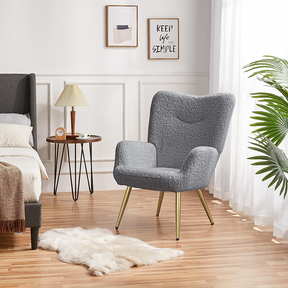 Yaheetech Boucle Reading Chair, Sherpa Furry Casual Accent Chair with High Back and Soft Padded, Modern Fuzzy Sherpa Chair, Cozy Armchair for Living Room Bedroom Office, Gray