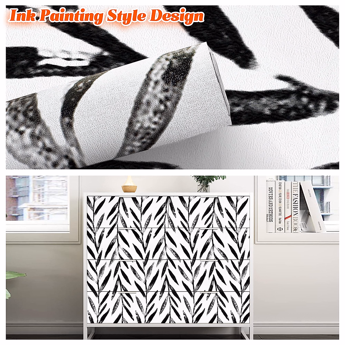 Wudnaye Black and White Peel and Stick Wallpaper Leaf Contact Paper 17.7 inch × 118.1 inch Black and White Contact Paper Peel and Stick Wallpaper for Bathroom Self Adhesive Decorative Wall Paper