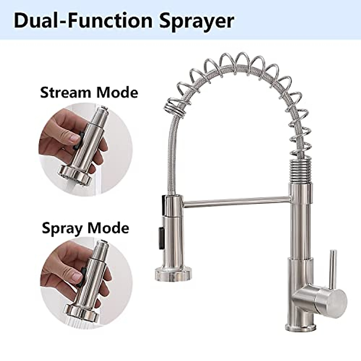 SHACO Commercial Brushed Nickel Kitchen Faucet with Pull Down Sprayer, Modern Stainless Steel Single Handle Spring Kitchen Faucets for Farmhouse Outdoor RV Camper Laundry Prep Wet Bar Sink 1 Hole