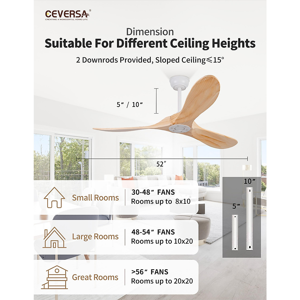 Ceversa 52 Inch Solid Wood Ceiling Fan No Light Remote Control,Outdoor Curved Real Wood Ceiling Fan Without Light 3 Blades Natural Wood Craftmade Quiet for Patio Farmhouse Living Room Bedroom Office