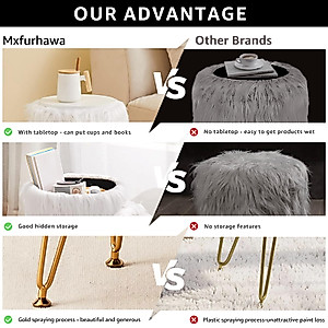 Mxfurhawa Faux Fur Storage Ottoman Round Furry Vanity Stool Marble Grain Tray Coffee Table Compact Footrest Stool with 4 Metal Legs Soft Makeup Seat Foot Stools for Living Room Bedroom Entryway White