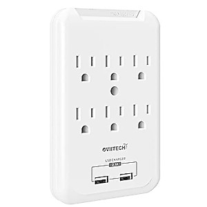 Multi-Function Wall Mount Outlet Adapter, Surge Protector Charging Station, OviiTech Dual 2.1AMP USB Charging Ports,6 AC Socket Outlet Splitter Plugs,White,ETL Certified