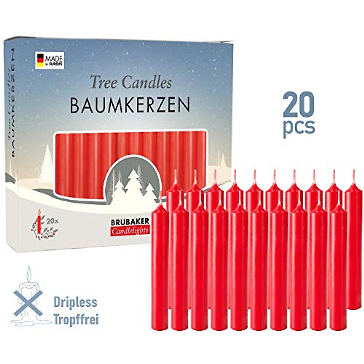 BRUBAKER Tree Candles - Pack of 20 - Red - 3¾ x ½ Inches (9.5 x 1.27cm) - Made in Europe - Pyramids, Carousels & Chimes