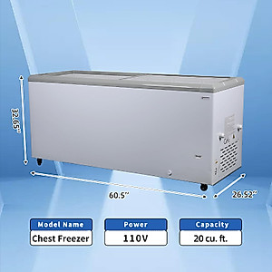 NAFCOOL 20 Cu.Ft Commercial Chest Freezer with LED Light,Temp Rang -8°F and 0°F,Glass Top Display Chest Freezer with 6 Removable Wire Baskets,Sliding Lids, Lock,Caster Wheels, White