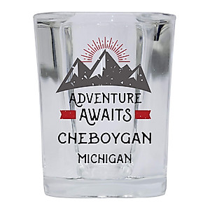 R and R Imports Cheboygan Michigan Souvenir 2 Ounce Square Base Liquor Shot Glass Adventure Awaits Design