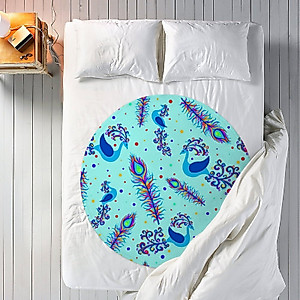 LAKIMCT Blue Peacock Birds Feathers Round Blanket for Couch Bed Throw Blanket, Aesthetic Decorative Blanket for Travel Camping Comfy Blanket, 60 Inch