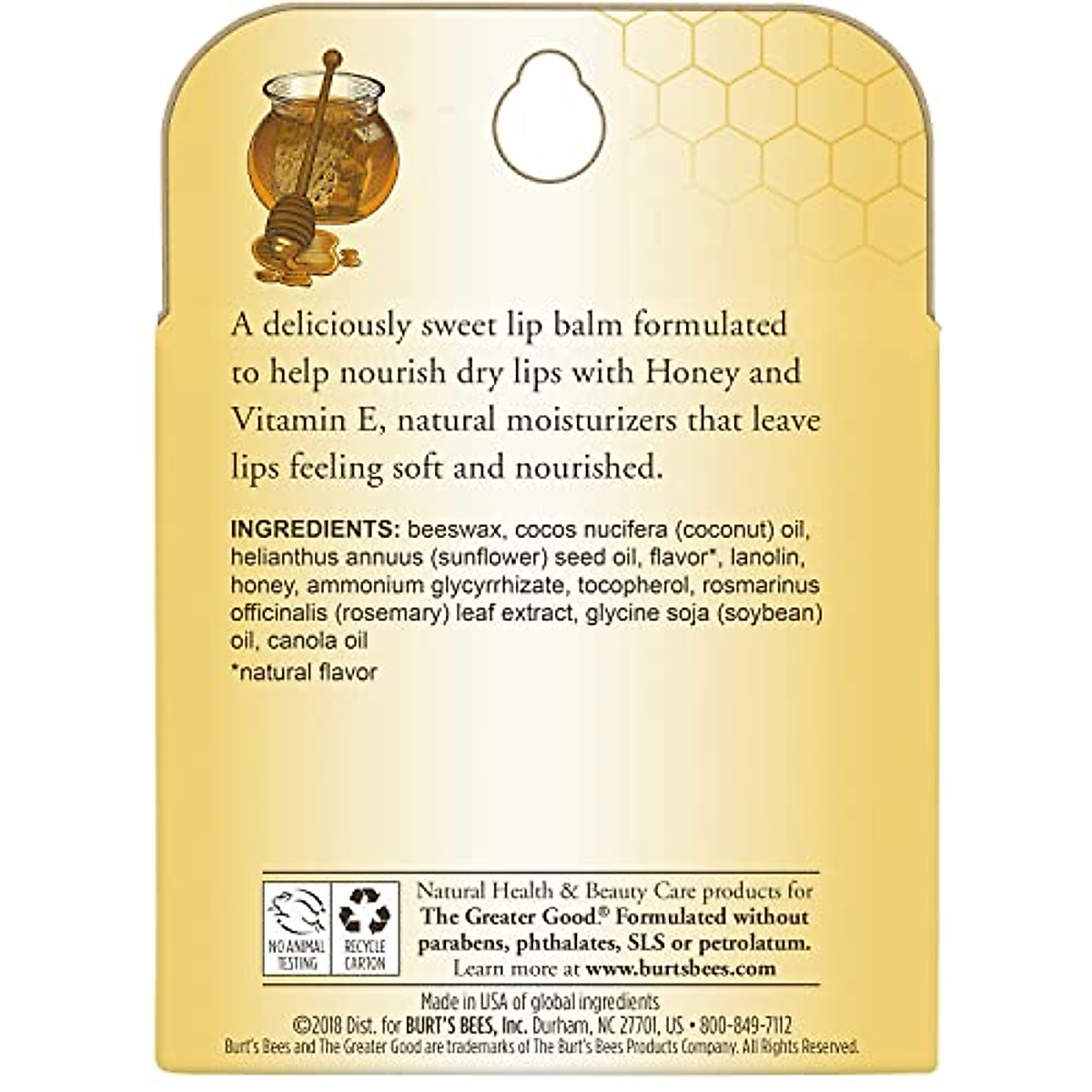 Burt's Bees Lip Balm - Honey, Lip Moisturizer With Responsibly Sourced Beeswax, Tint-Free, Natural Origin Conditioning Lip Treatment, 4 Tubes, 0.15 oz.
