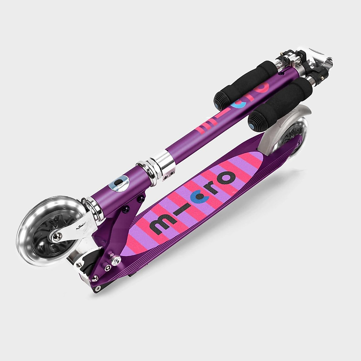 Micro Kickboard- Sprite LED - 2 Wheeled Kick Scooter Ages 6+, fold-to-Carry, Lightweight, Portable Scooter with Motion-Activated Light-up Wheels (Purple Stripe)