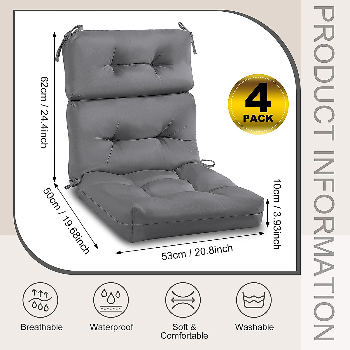 Geelin High Back Patio Chair Cushion Indoor Outdoor Seat Back Chair Cushions Tufted Patio Chair Cushions Waterproof Rocking Chair Pads Weather Replacement Cushions for Furniture (Light Gray,4 Pcs)