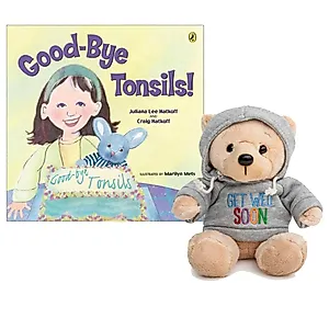 Tonsillectomy Gift Get Well Soon Teddy Bear with Goodbye Tonsils Children's Book Gift Set, Kids Tonsillectomy Recovery - Blue Gray Hoodie