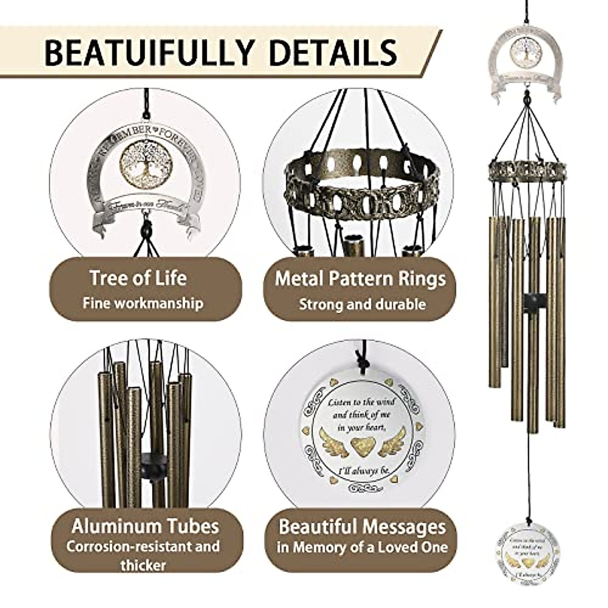 Wind Chimes for Outside,Memorial Wind Chimes with Tree of Life Symbol,Sympathy Wind Chimes for Loss of Loved One,Windchimes in Memory of a Loved One,Tree of Life Wind Chimes Perfect for Garden Decor