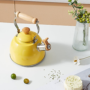 ROCKURWOK Tea Kettle, Tea Pot with Cool Touch Ergonomic Handle, Tea Kettle Food Grade Stainless Steel, Tea Kettle Stovetop, Kettle Teapot, Whistling Tea Kettle, Small Tea Kettle, 1.6 Quart (Yellow)
