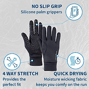 TrailHeads Men’s Running Gloves - Black Touchscreen Gloves - Lightweight Gloves - medium