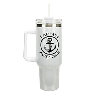 Elanze Designs Captain Awesome Nautical Anchor 40 oz. Stainless Steel, Large Water Bottle Coffee Mug, Spill & Leak Resistant, Thermal Travel Tumbler with Handle, Lid & Straw, White Shimmer