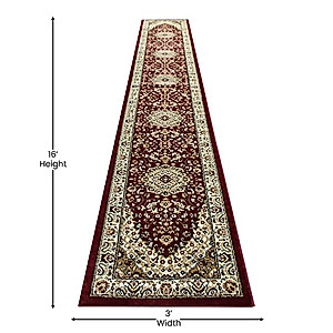 Flash Furniture Mersin Collection Persian Style Area Rug - Olefin Burgundy Non-Shedding Fibers - 3' x 15' - Jute Backing - for Hallway, Entryway, Bedroom, Living Room