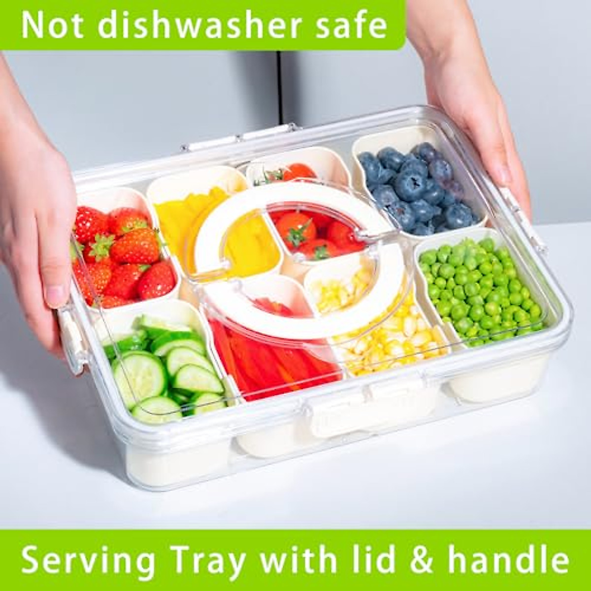 2 Pack Veggie Tray with Lid and Handle, Divided Fruit Tray, Portable Snackle Box, Fridge Organizer for Snack, Candy, Nuts, Cookies, Fruit, Clear Vegetable Tray for Party, Picnic, Travel, Wedding.