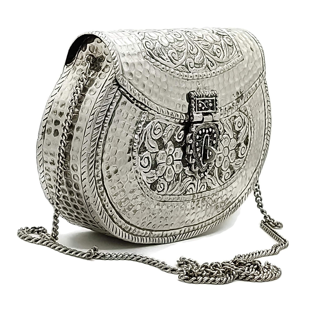Jiya Indian Brass Handmade Bridal Women's Antique Brass Purse Ethnic Metal Clutch Gift (Silver)