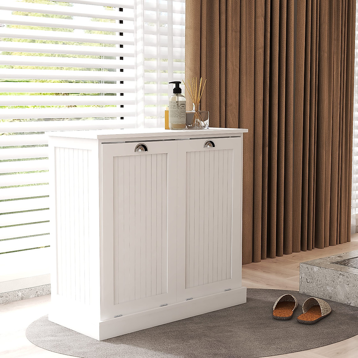 RASOO Double Tilt Out Trash Cabinet White Free Standing Laundry Sorter Cabinet with Removable Two-Compartment Tilt-Out Hamper Clothes Basket