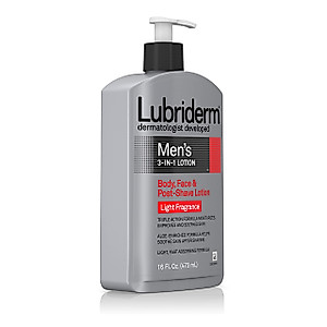 Lubriderm Men's 3-In-1 Lotion Enriched with Soothing Aloe for Body and Face, Non-Greasy Post Shave Moisturizer with Light Fragrance, 16 fl. oz