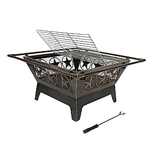 Sunnydaze Northern Galaxy 32-Inch Heavy-Duty Square Fire Pit with Cooking Grill Grate, Spark Screen, and Fireplace Poker