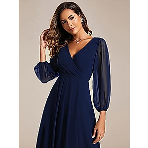 Ever-Pretty Women's Chiffon Spring V Neck Long Sleeves Pleated A-Line Midi Length Wedding Guest Dress Navy Blue US12