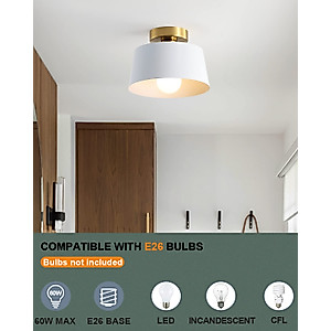 BinoBro Modern Semi Flush Mount Ceiling Light with Gold Plate and Matte White Shade, Farmhouse Ceiling Light Fixture for Kitchen Island Dining Room Foyer Hallway Porch Barn Loft，10in (White)