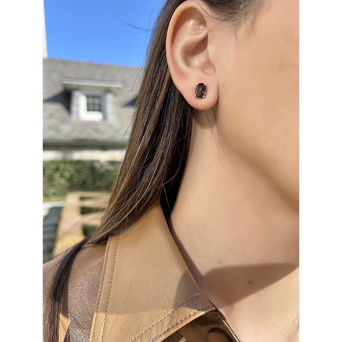 LE VIAN 2 Carat Chocolate Smoky Quartz Oval Stud Earrings for Women in 925 Sterling Silver with Rose Gold Plating and Push Back