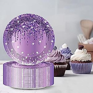 48 PCS Purple Silver Plates for Glitter Diamonds Happy Birthday Decorations Purple and Silver Birthday Theme Dessert Plates for Girls Women Purple Dinner Plate Glitter Diamonds Birthday Party Supplies